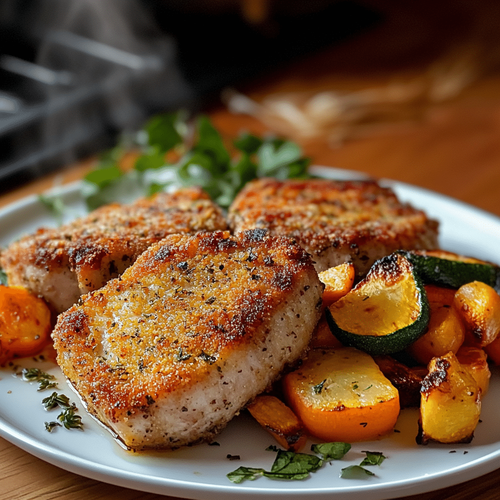 Herb Breaded Pork Chops with Roasted Vegetables Classic - Infinityrecipes
